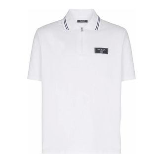 Balmain Homme, Tops, Blanc, Taille: 2XL Polo monogramm&eacute; &agrave; &eacute;tiquette Couture