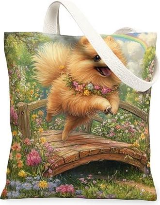 Generic Sac fourre-tout en toile pour faire du shopping, 33 x 38,1 cm, motif chien de Pom&eacute;ranie de printemps, sac d&eacute;picerie r&eacute;utilisable pour femme, motif flo