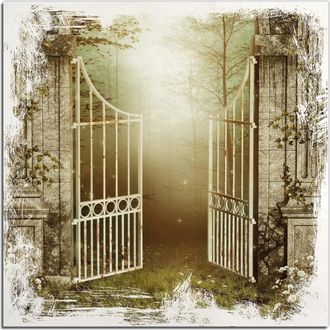 Wallario Wandbild aus Holz Tor in den Wald - 40 x 40 cm in Premium-Qualität: Brillante Farben