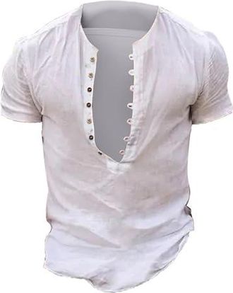 Generic Chemise en lin pour homme - Chemise &agrave; manches courtes en coton - Chemises de plage d&eacute;contract&eacute;es en lin - T-shirts blancs pour hommes - T-shirts &agrave; col