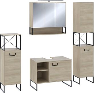 Vicco Badmöbel-Set Eiche/Schwarz Vionna, bestehend aus Badspiegelschrank, Waschbeckenunterschrank, Midischrank, Hochschrank - Viel Stauraum Oben und unten