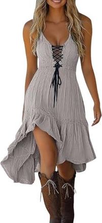 Generic 2026 Robe décontractée pour femme avec col en V et lacets, ourlet asymétrique et fluide, confortable, tenue de tous les jours pour la maison, le print