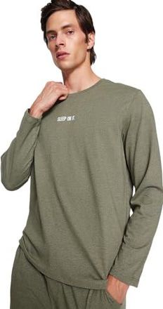Trendyol Herren Motto Lange Ärmel Freizeitkleidung Regulär Pyjama-Set Ensemble, Khaki, XL pour des Hommes
