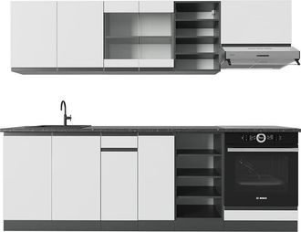 Vicco Küchenzeile R-Line, Küchenblock, Weiß/Anthrazit, 240 cm J-Shape