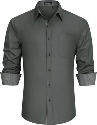 Hisdern Chemise contrastée pour homme décontractée formelle classique boutonnée à manches longues col écossais coupe régulière, Gris-3., 3XL