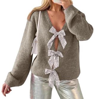 Generic Cardigan pour femme avec noeud &agrave; paillettes, manteau tricot&eacute; ouvert sur le devant, manches longues, col en V, m&eacute;lange de coton, marron clair, XXL