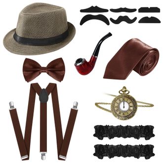 Feoya Herren Accessoires Set 1920s Style Herren Kost&uuml;m Gatsby 8 St&uuml;ck Set Manhattan Hut Y Strap Fliege
