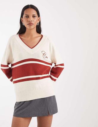 GANT Pull oversize en coton &agrave; col V - Cr&egrave;me et rouge-Blanc