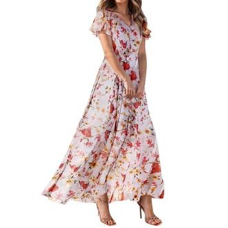 Generic Robe maxi pour femme avec motif floral - Manches courtes - Robe longue fluide - Col en V - Ligne A - Bleu - &Eacute;l&eacute;gante, rouge, 3XL