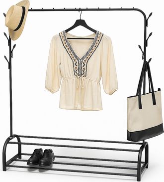 Relaxdays Kleiderständer, 3-in-1, mit Kleiderstange, 2 Ablagen & 8 Haken, HxBxT: 158 x 110 x 40 cm, Metall, schwarz