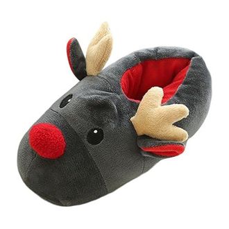 Generic Pantoufles de No&euml;l pour femme - Motif t&ecirc;te de cerf - Amusantes et mignonnes - Confortables - Chaudes - En peluche - Pour lhiver - Pour lint&eacute;rieur et l