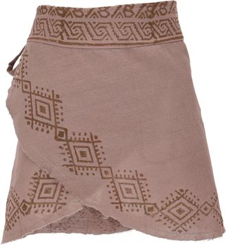 Guru Shop Nat&uuml;rlicher Goa Minirock, Bedruckter Ethno Wickelrock - Taupe, Damen, Baumwolle, Size:S