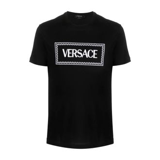 Versace Schwarzes Baumwoll-T-Shirt Logo Vorne Kurzarm - - Tops - Herren - Schwarzk - M