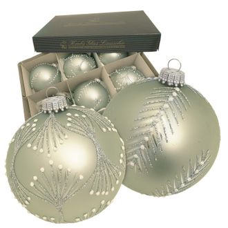 Krebs Glas Lauscha Weihnachtsdekoration/Christbaumschmuck aus Glas - Kugel Floral - Farbe: Lindengr&uuml;n Satin - Menge: 6 St&uuml;ck - Gr&ouml;&szlig;e: ca. 8 cm
