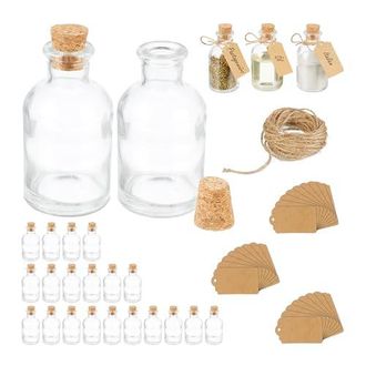 Relaxdays Mini Bouteilles, Lot de 25, Petites fioles, Bouchon de liège, 60 ML, Mariage, épices, Transparent/Nature