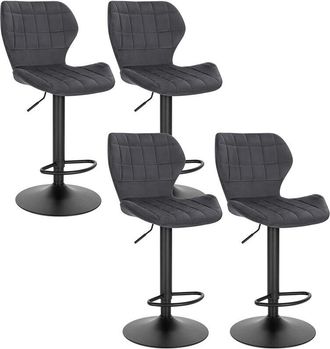 Woltu Woltu - Lot de 4 Tabouret de Bar en Velours, Réglables en Hauteur, Pivotant à 360°avec Dossier Repose-Pieds, Gris Foncé, siège 48x38cm