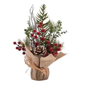 Widdop and Co Widdop Kunstpflanze im Topf - Country Christmas Pine, Holly & Berry Arrangement mit rustikaler Jute-Wickel - Künstliche festliche Dekoration für Zuhau