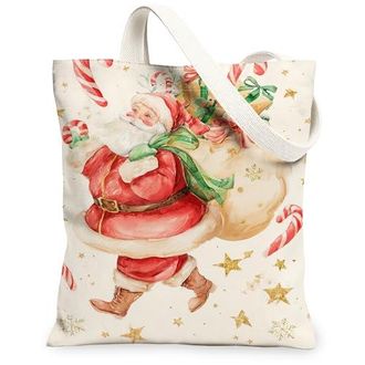 Generic Sacs fourre-tout vintage en toile motif Père Noël, réutilisables, légers et lavables à bandoulière pour les vacances, le shopping, 33 x 38 cm