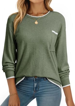 Dokotoo Pullover Damen Herbst Winter Strickpullover Rundhals Oberteil mit Brusttasche Langarm Warm Pulli Tops Casual Leichte Sweater Strickpulli Oberteile Gr&uuml;