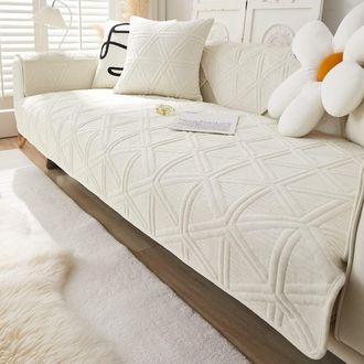 Generic Cremige, gem&uuml;tliche Sofabez&uuml;ge aus Samtpl&uuml;sch, dick, geometrisch gesteppt, warm, weich, rutschfest, M&ouml;belschutz f&uuml;r Haustiere, Kinder, Hunde und Katze