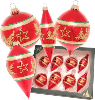 Krebs Glas Lauscha Weihnachtsdekoration/Christbaumschmuck aus Glas - Kugeln und Tropfen Glasformenset mit Stern und Tannenast - Farbe: Gold/Rot - Gr&ouml;&szlig;e: ca. 7-10 cm