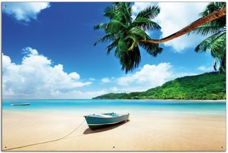 Wallario Outdoor-Poster für Garten oder Balkon Urlaub am Palmenstrand unter Palmen mit Fischerboot, Motivbanner Größe: ca. 60 x 90 cm, Outdoor-Bild
