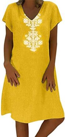 Onsoyours Robe Chemise Lin et Coton Femme Chic Grande Taille Col V Manche Court de Plage Rétro Robes Unie Casual Tuniques Ample sans Accessoires C Jaune FR 38