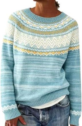 Generic Pull jacquard décontracté pour femme, pull tricoté pour femme, haut à manches longues, col rond, couche chaude, pull Fair Isle, haut dhiver doux et co