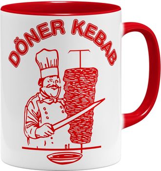 OM3 D&ouml;ner Kebab Kaffee-Tasse Kult Logo D&ouml;nermann Drehspie&szlig; - Keramik Becher - 325ml - Beidseitig Bedruckt - Rot