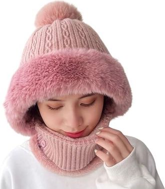 Generic Chapeaux dhiver pour femme - Cache-cou coupe-vent, bonnet dhiver avec &eacute;charpe - pour cyclisme, voyage, ski, v&eacute;lo, snowboard, Rose, L