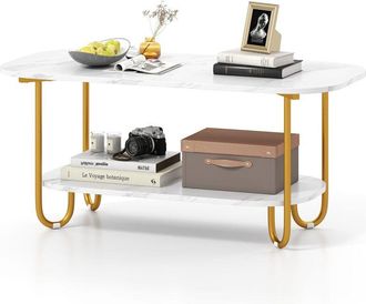 Costway Costway - Table Basse Marbre, Table de Salon 2 Niveaux, Cadre M&eacute;tallique Robuste, Table Basse Design, Blanc+Dor&eacute;, 100 x 50 x 45 cm