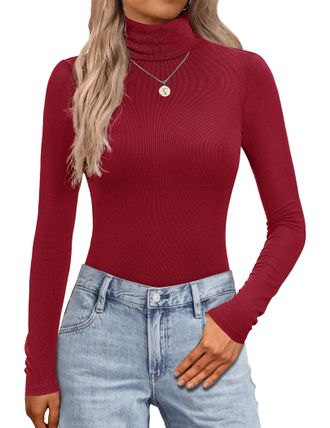 Zeagoo Damen Langarmshirt Rollkragenpullover Elegant Basic T-Shirt Slim Fit Unterhemd Gerippt Oberteile Stretch Rolli Pullover Einfarbig Tops Shirts Casual R