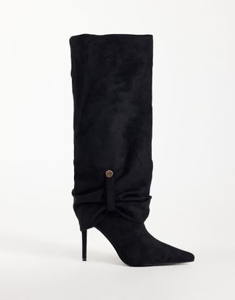 Simmi London Simmi London Serene kniehohe Stiefel mit Raffungen und Golddetail in schwarzer Wildlederoptik