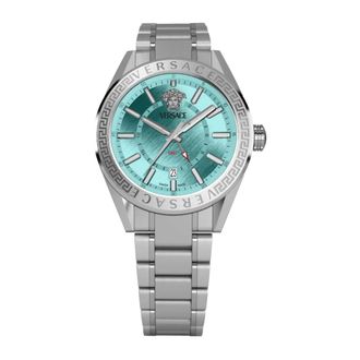Versace Homme, Accessoires, Gris, Taille: ONE Size Montre pour homme V-Code GMT 42 mm Boîtier en acier inoxydable - Cadran bleu clair - Bracelet en acier inox