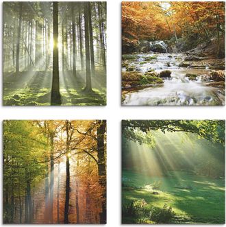 Artland Wanddeko Leinwand Bilder Natur Set 4 tlg. je 40x40 cm Quadratisch Wandbilder Landschaft Herbst Wald Grün Wasserfall Herbsttag S6MK