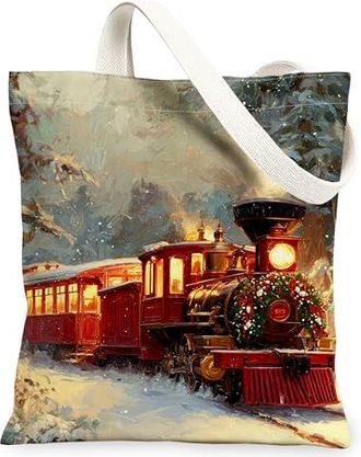 Generic Sacs fourre-tout en toile motif de train de No&euml;l, r&eacute;utilisables, rustiques, l&eacute;gers et lavables pour voyage, pique-nique, 33 x 38 cm