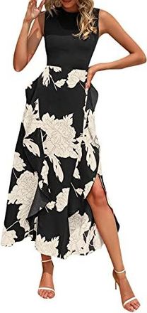 Generic Robe boh&egrave;me 2026 pour femme, sans manches, col rond, motif patchwork floral &agrave; volants, robe de cocktail midi, beige, S