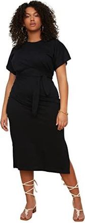 Trendyol Women Midi Slim fit Knit Plus Size Dress mi-Longue en Jersey Femmes Robe Coupe ajustée en Tricot Grande Taille, Black, XXL