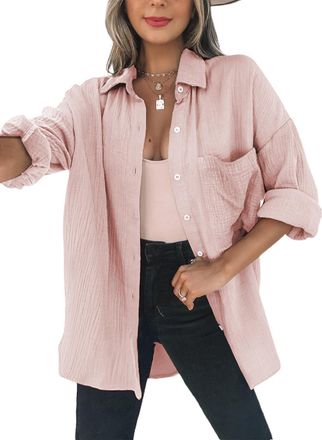 Dokotoo Bluse Damen Musselin Langarmshirt Baumwolle L&auml;ssig Oberteile Hemd Langarm Einfarbig Blusen Shirts Knopfleiste Tops Hemdjacke Rosa 2XL