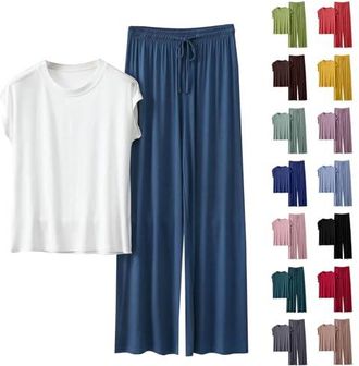 Generic Ensemble pyjama 2 pi&egrave;ces pour femme - &Eacute;l&eacute;gant col rond - Manches courtes - Couleur unie - T-shirt et pantalon de pyjama - Confortable - Tenue de loisi