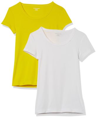 Amazon Essentials Damen T-Shirt mit Flügelärmeln und U-Ausschnitt in schmaler Passform, 2er-Pack, Weiß/Zitronengelb, XXL