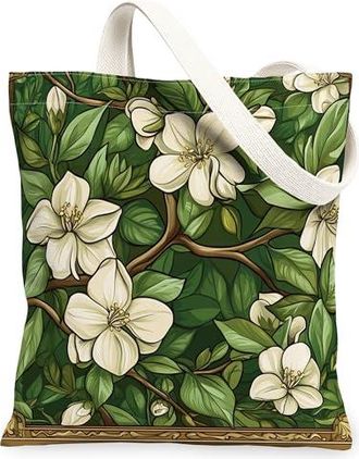 Generic Sac fourre-tout en toile avec fleurs de jasmin printani&egrave;res pour le shopping, 33 x 38,1 cm, sac d&eacute;picerie r&eacute;utilisable pour femme, sac d&eacute;picerie r&eacute;tro