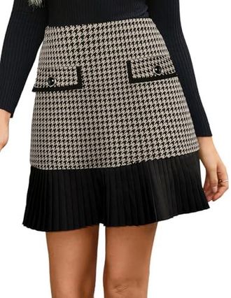 Kate Kasin Jupe &eacute;l&eacute;gante trap&egrave;ze pour femme - Taille haute - Jupe pliss&eacute;e - Tweed &agrave; carreaux - Mini jupe courte - Jupe de loisirs &eacute;l&eacute;gante &agrave; carreaux - Mini jupe
