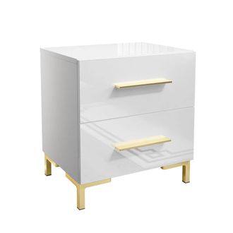 Lukmebel Nachttisch LINA LUX 45x50x38,5 cm- LED Beleuchtung - Nachtk&auml;stchen - Wei&szlig; Hochglanz - Goldgriff - Nachtschrank - Beistelltisch mit Schublade - Schlafz