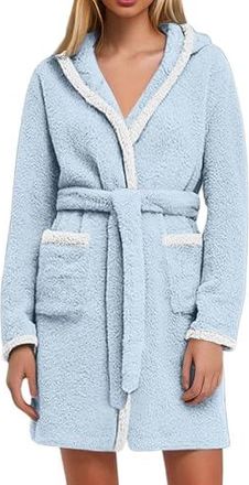 Generic Robe de chambre pour femme en polaire &agrave; capuche avec oreilles, v&ecirc;tement de nuit, robe de d&eacute;tente pour femme avec poche, 04 - Bleu clair, L