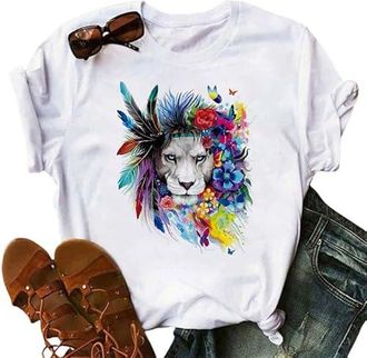 Keephen Color&eacute; Lion/Cheval/Tigre/Loup Impression 3D T-Shirt Femmes Animal Graphique Tees Casual Manches Courtes Col Rond T-Shirt &Eacute;t&eacute; Coupe L&acirc;che Tops