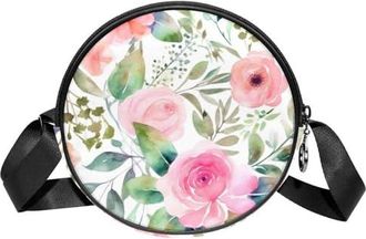 Generic Petit sac &agrave; bandouli&egrave;re circulaire pour femme, motif feuilles florales, sac &agrave; dos avec fermeture &eacute;clair, bretelles r&eacute;glables, sac &agrave; main rond d&eacute;contra