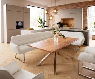 DELIFE Esszimmerbank Taya-Flex 285x190 cm Boucl&eacute; Creme-Wei&szlig; Kufengestell flach Edelstahl Taschenfederkern Links, B&auml;nke