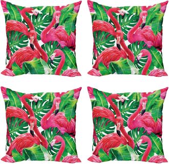 Abakuhaus Flamingo Dekokissen Kissenbezug 4er Pack, Retro exotische Blätter, Modern Accent Doppelseitiger Digitaldruck, 60 x 60 cm, Grün Rosa