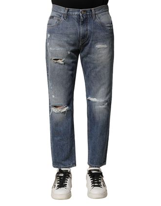 Dolce & Gabbana Mens Blue Washed Tattered Straight Fit Denim Jeans Cotton Clothing